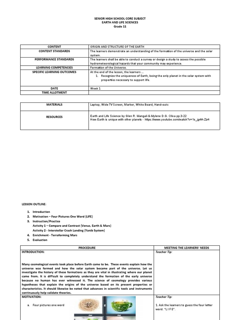 DETAILED LESSON PLAN Earth and Life Sciences Grade 11 Week 1 | PDF ...