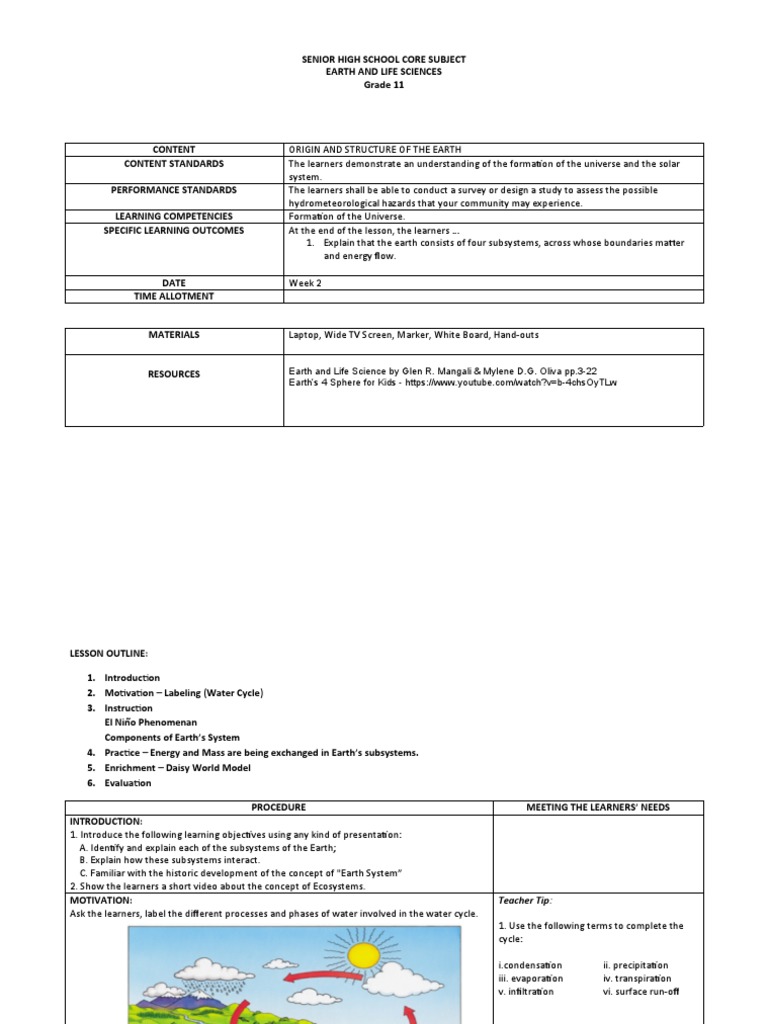 DETAILED LESSON PLAN Earth and Life Sciences Grade 11 Week 2 | PDF ...