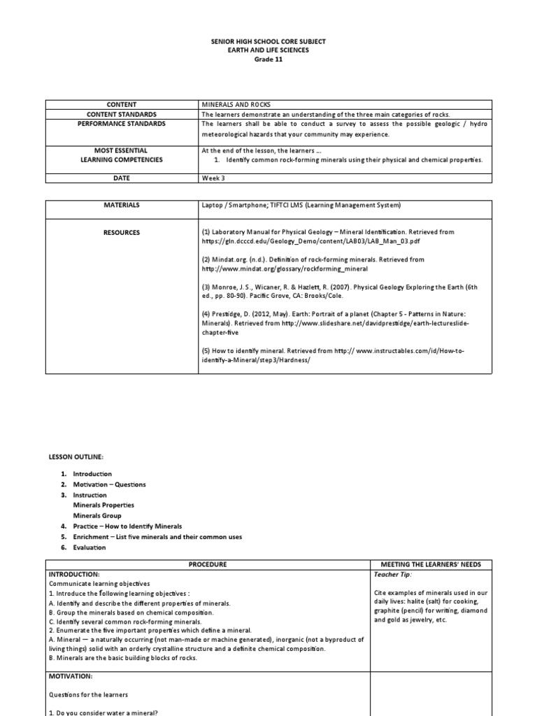 Grade 11 Rocks and Minerals Lesson Plan | PDF | Minerals | Quartz