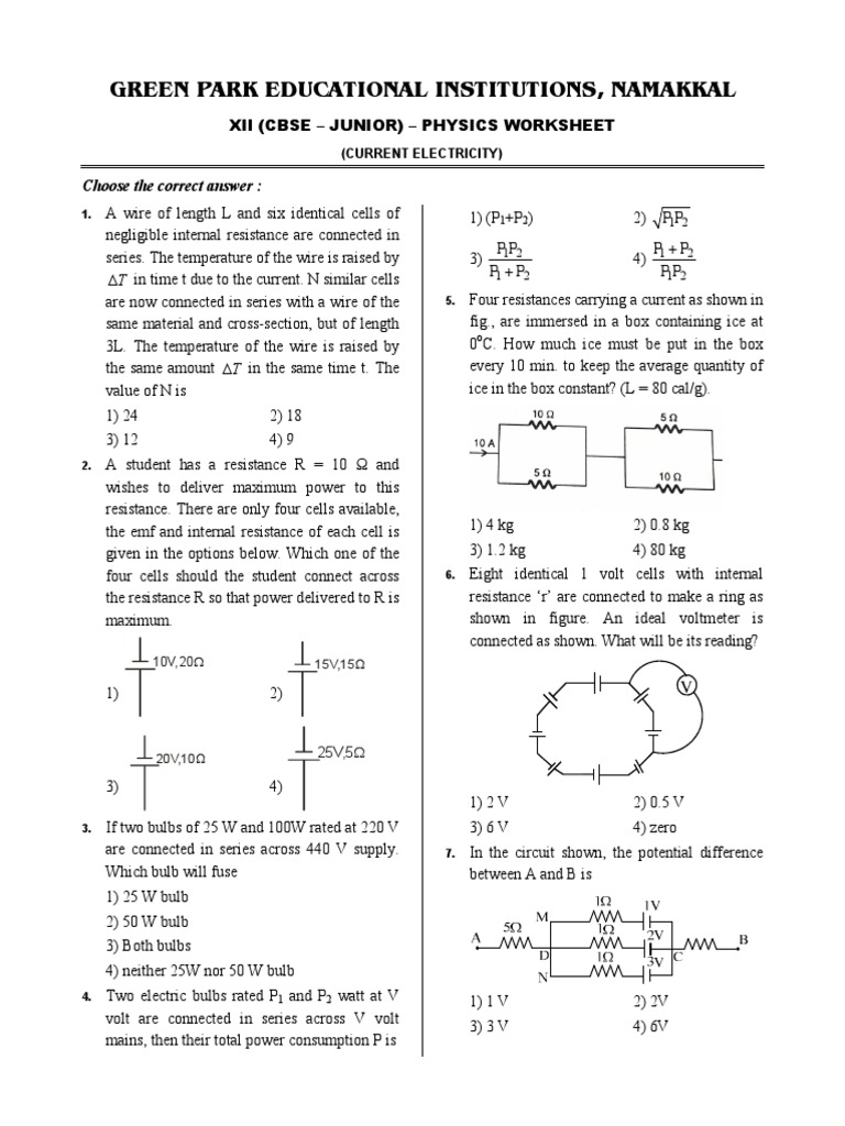Current Electricity - (Worksheet) | PDF | Voltage | Electrical ...