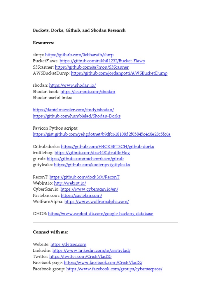 Buckets, Dorks, Github, and Shodan Research Resources | PDF