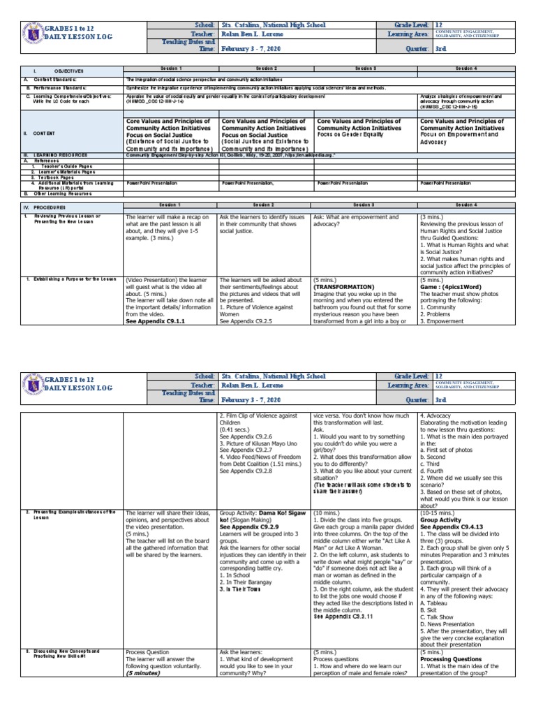 GRADES 1 To 12 Daily Lesson Log Sta. Catalina, National High School 12 ...