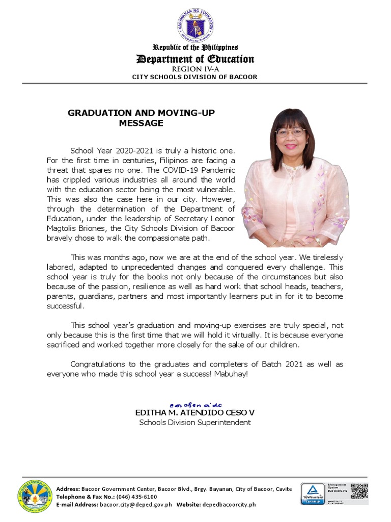 Bacoor Schools 2021 Virtual Graduation Message | PDF