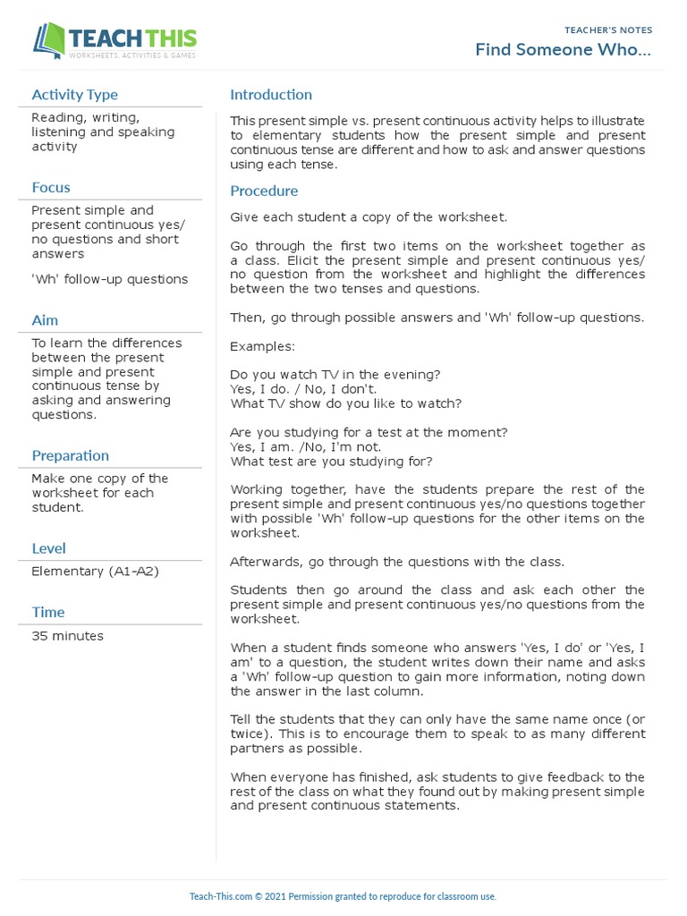 Find Someone Who Present Simple Vs Present Continuous | PDF | Question ...