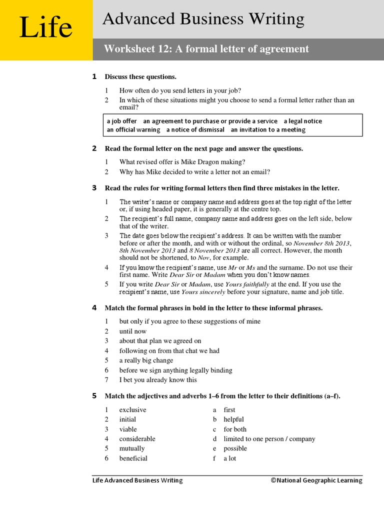 Advanced Business Writing: Worksheet 12: A Formal Letter of Agreement ...
