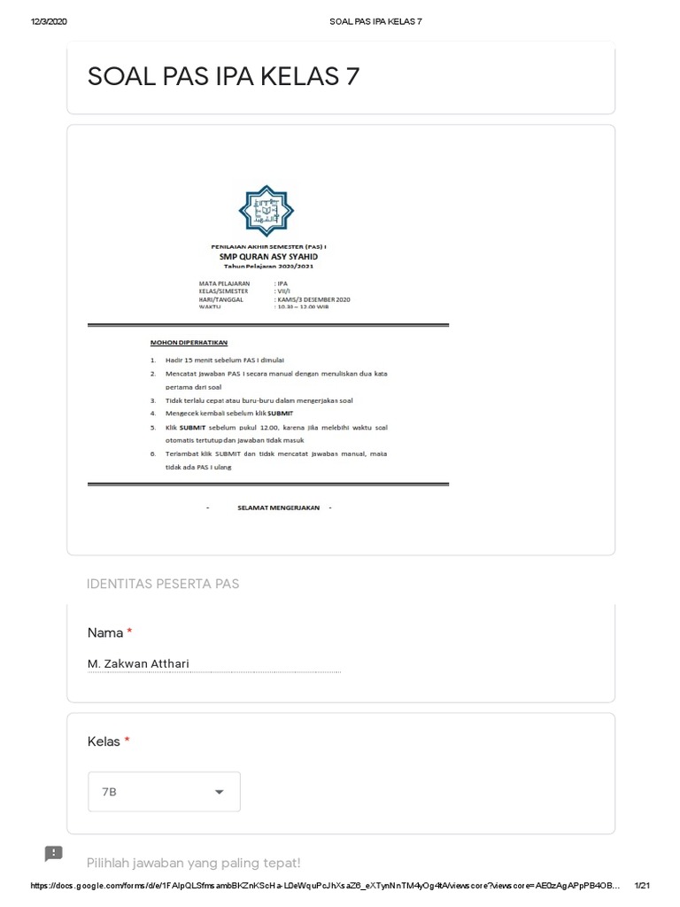 Soal Pas Ipa Kelas 7 | PDF