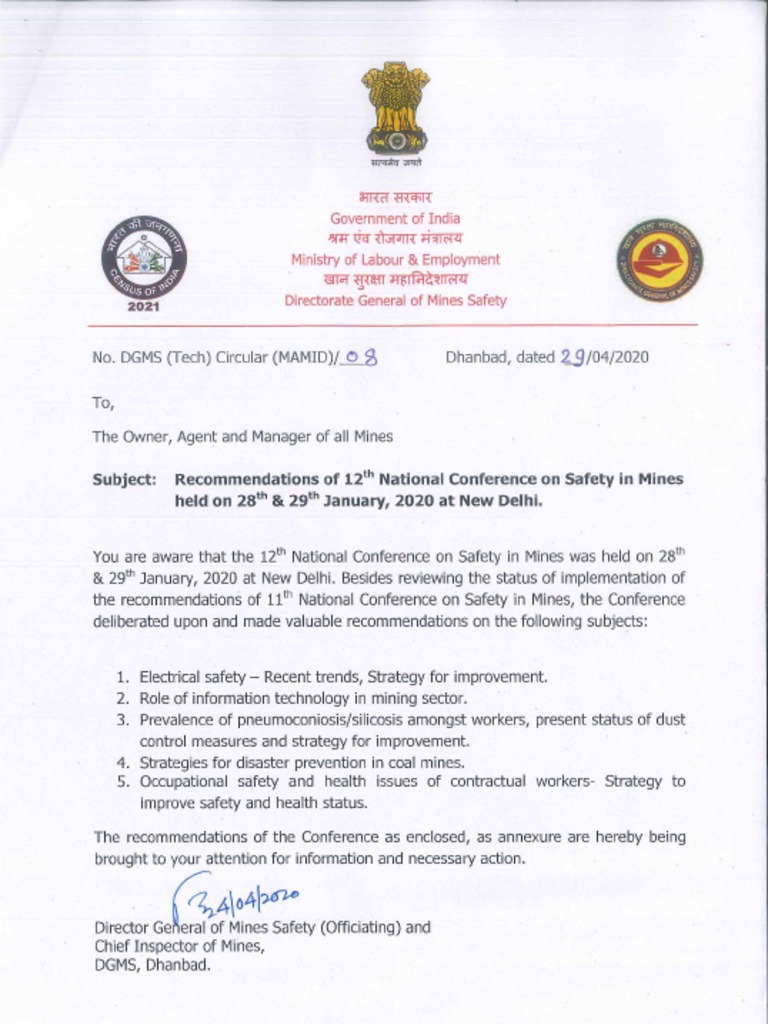 DGMS Circular On Recommendations of 12th National Conference On Safety ...