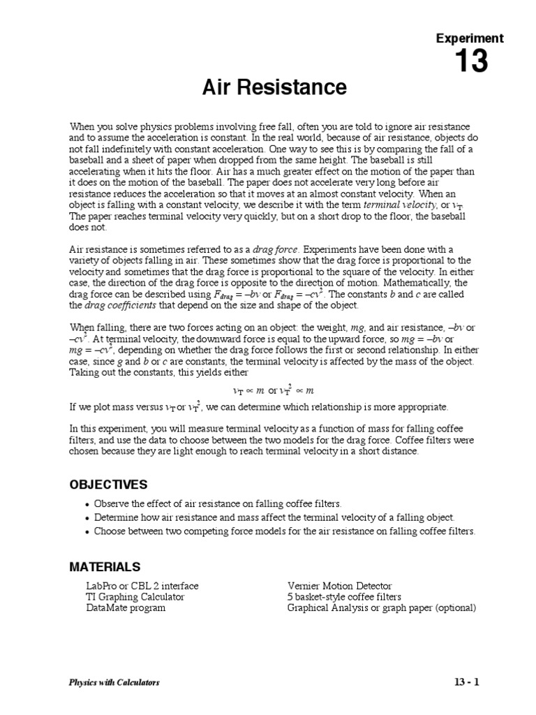 Air Resistance: Experiment | PDF | Drag (Physics) | Force