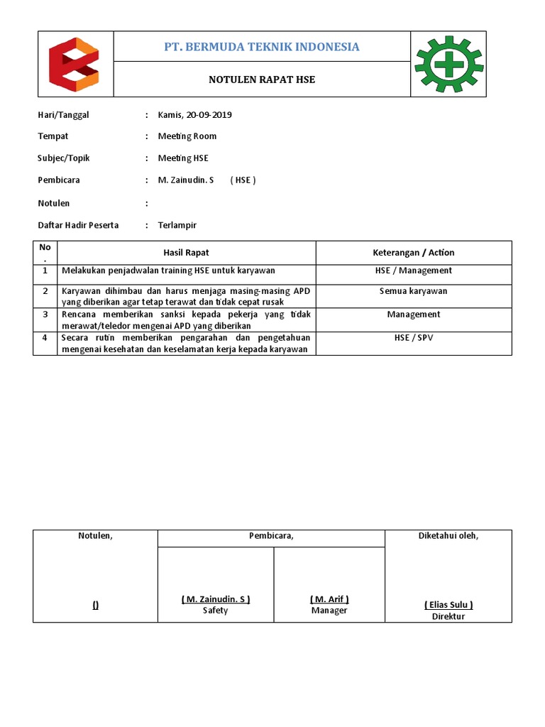 Notulen Rapat HSE 25082018 | PDF