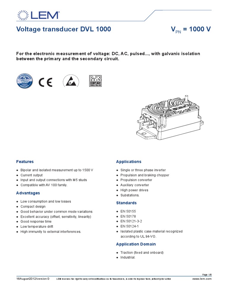 Voltage Transducer DVL 1000 V 1000 V | PDF | Electrical Engineering ...