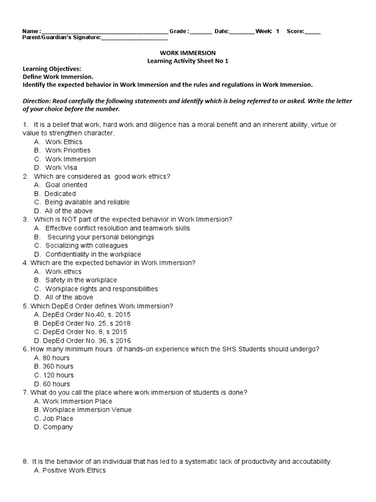 Quiz Work Immersion Week 1 | PDF | Applied Psychology | Social Science