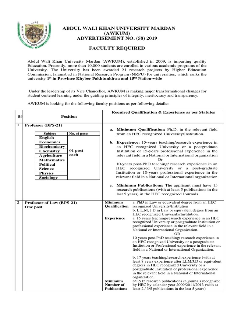 Abdul Wali Khan University Mardan (Awkum) ADVERTISEMENT NO. (58) 2019 ...