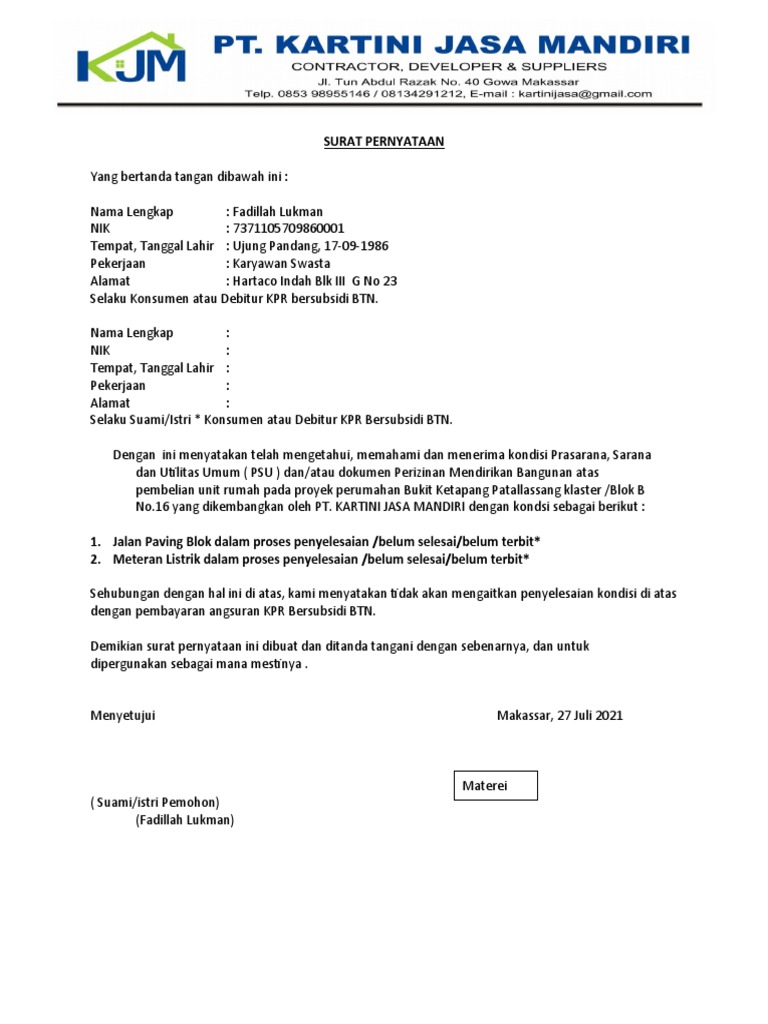 Surat Pernyataan KPR Subsidi BTN | PDF