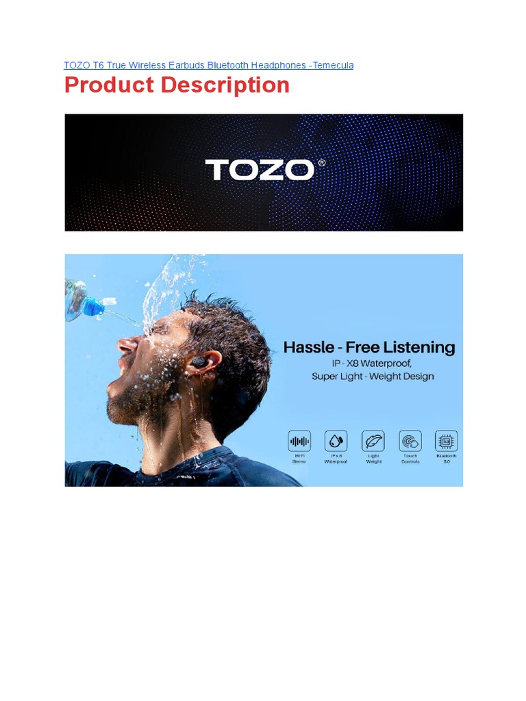 TOZO T6 True Wireless Earbuds Bluetooth Headphones - Temecula | PDF | Headphones | Computer ...
