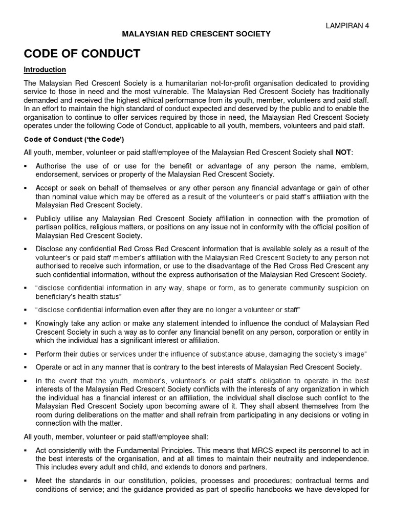 Lampiran 4 - MRCS Code of Conduct | PDF | Confidentiality | Volunteering
