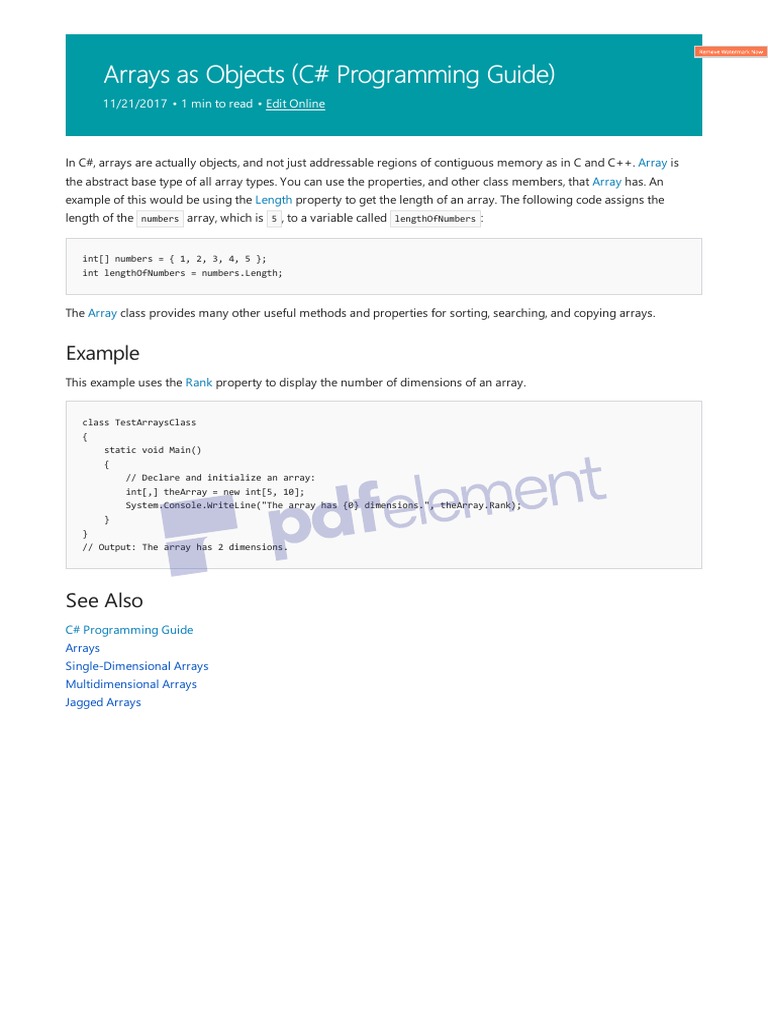 Arrays As Objects (C# Programming Guide) : Example | Download Free PDF | Array Data Structure ...