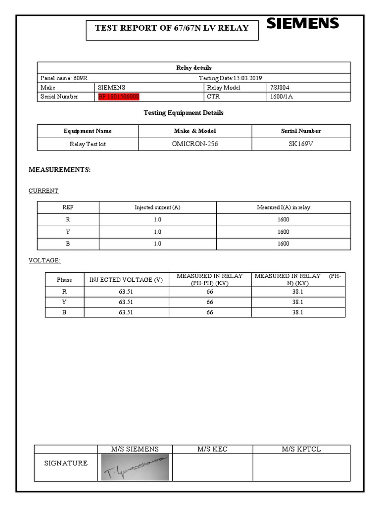 Test Report of 67/67N LV Relay | PDF | Electrical Components ...