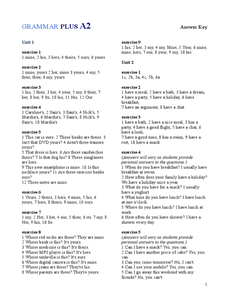 Grammar Plus A2-Answer Key | PDF