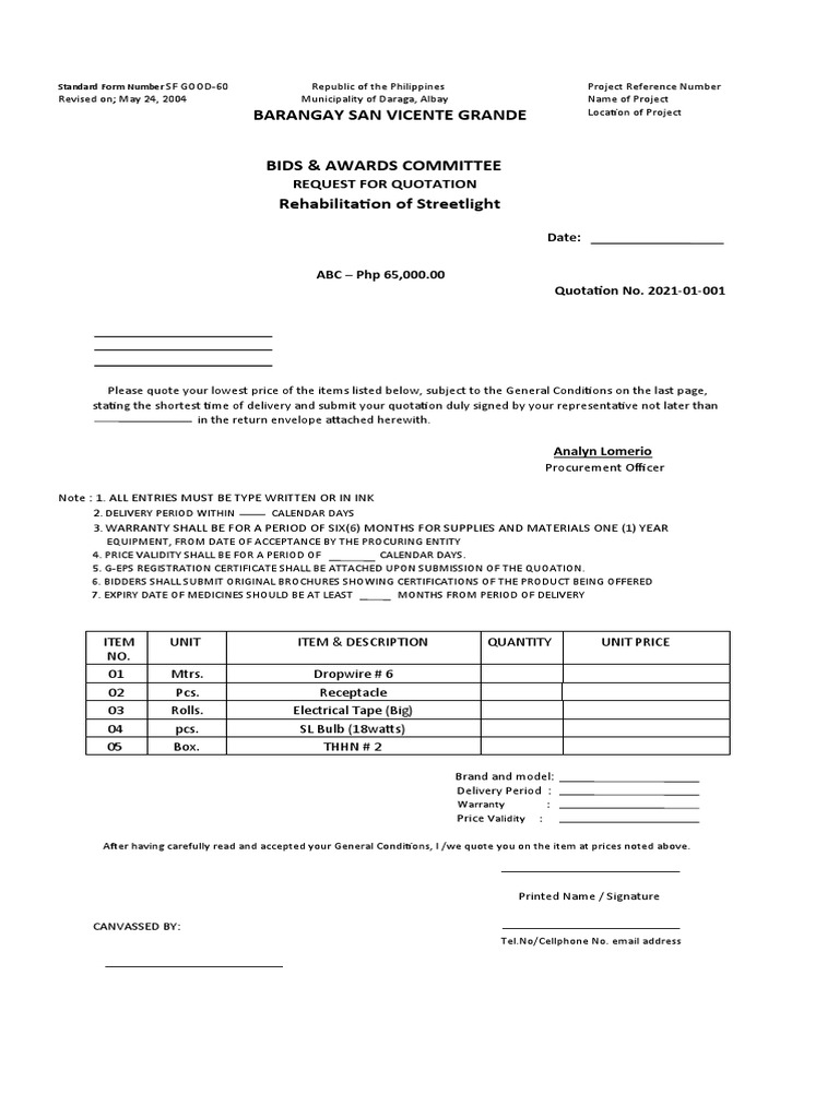 Barangay San Vicente Grande: Request For Quotation | PDF