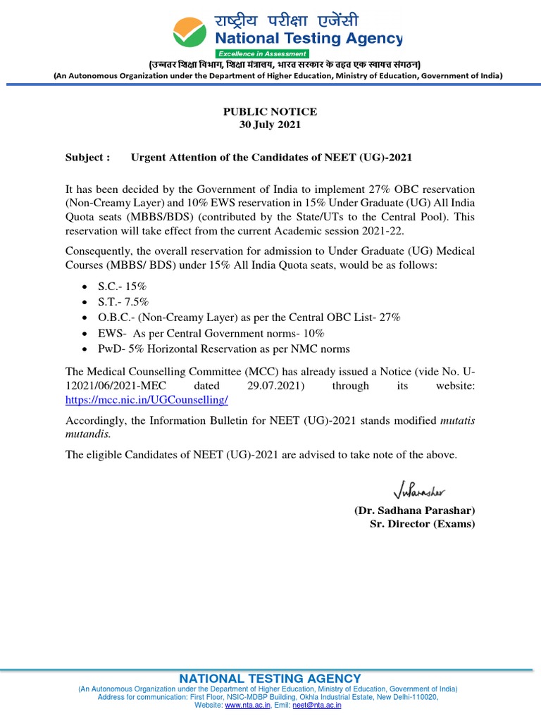 Reservation For OBC-NCL (Central List) and EWS Can | PDF