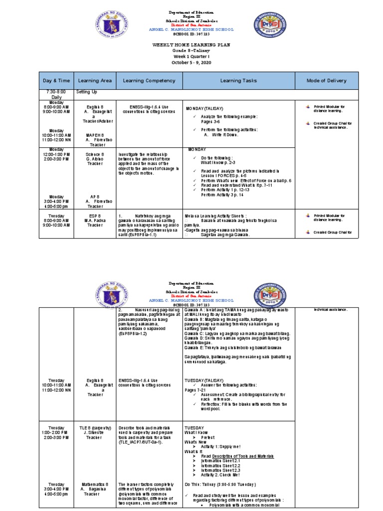 WEEKLY HOME LEARNING PLAN CONSOLIDATED - Anne L. Evangelista Wk1q1 ...