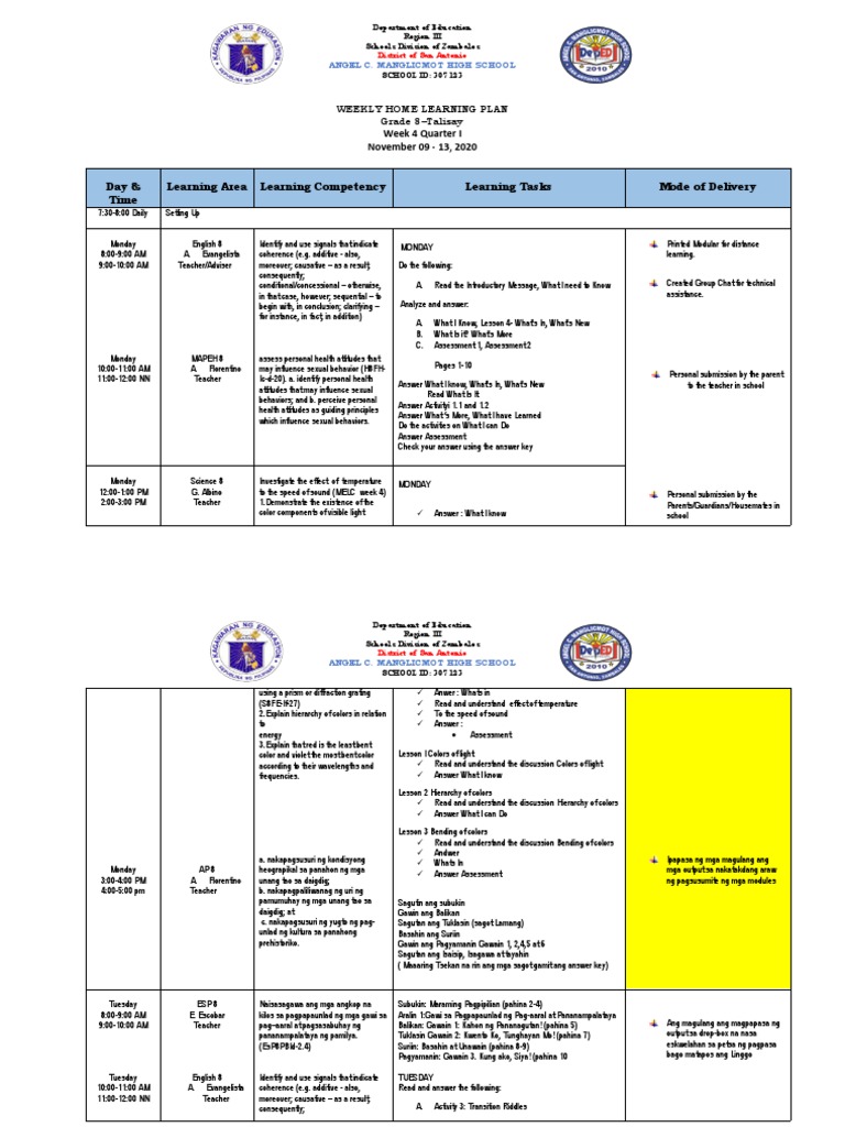 Weekly Home Learning Plan - Week 4 Consolidated Grade 8 | PDF | Color ...