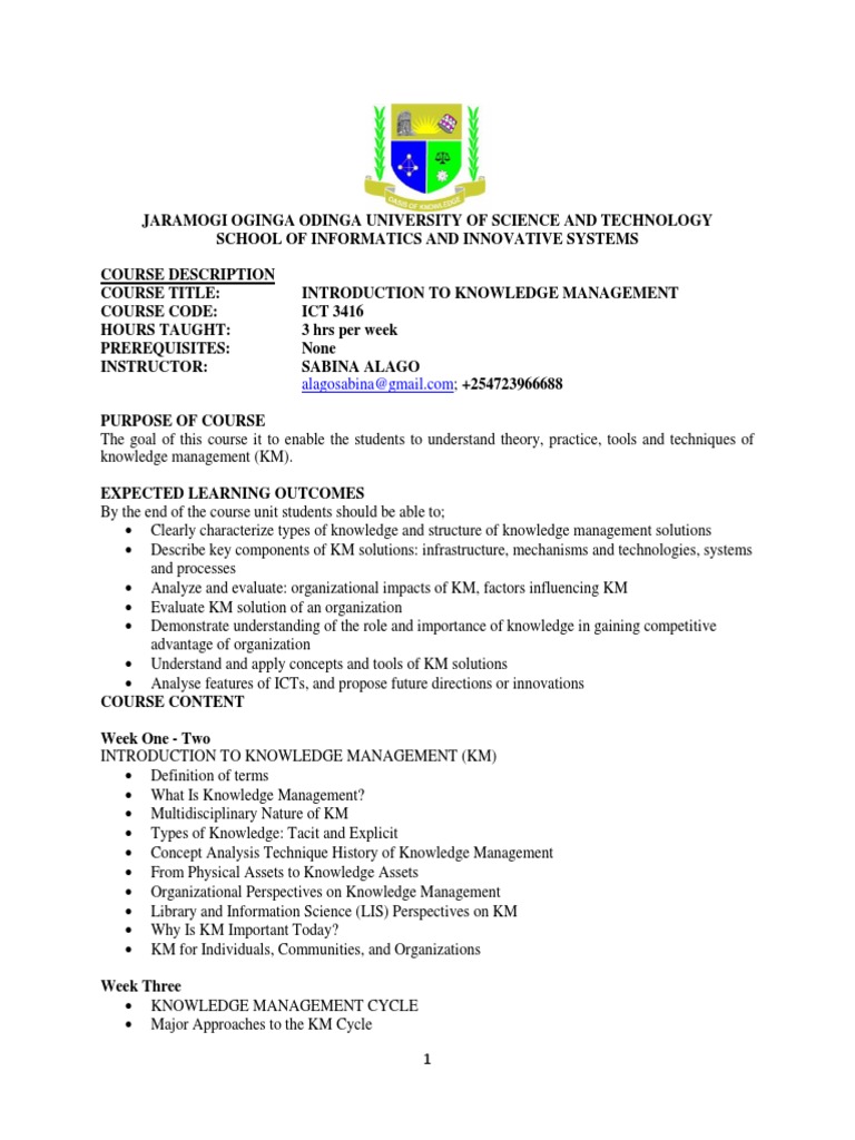 ICT 3416 Introduction To Knowledge Management COURSE OUTLINE | PDF ...
