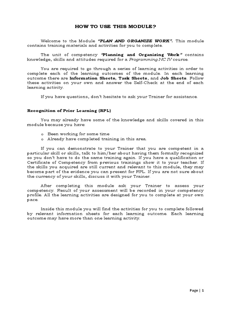 CBLM Basic 6 PLAN AND ORGANIZE WORK | PDF | Communication | Negotiation