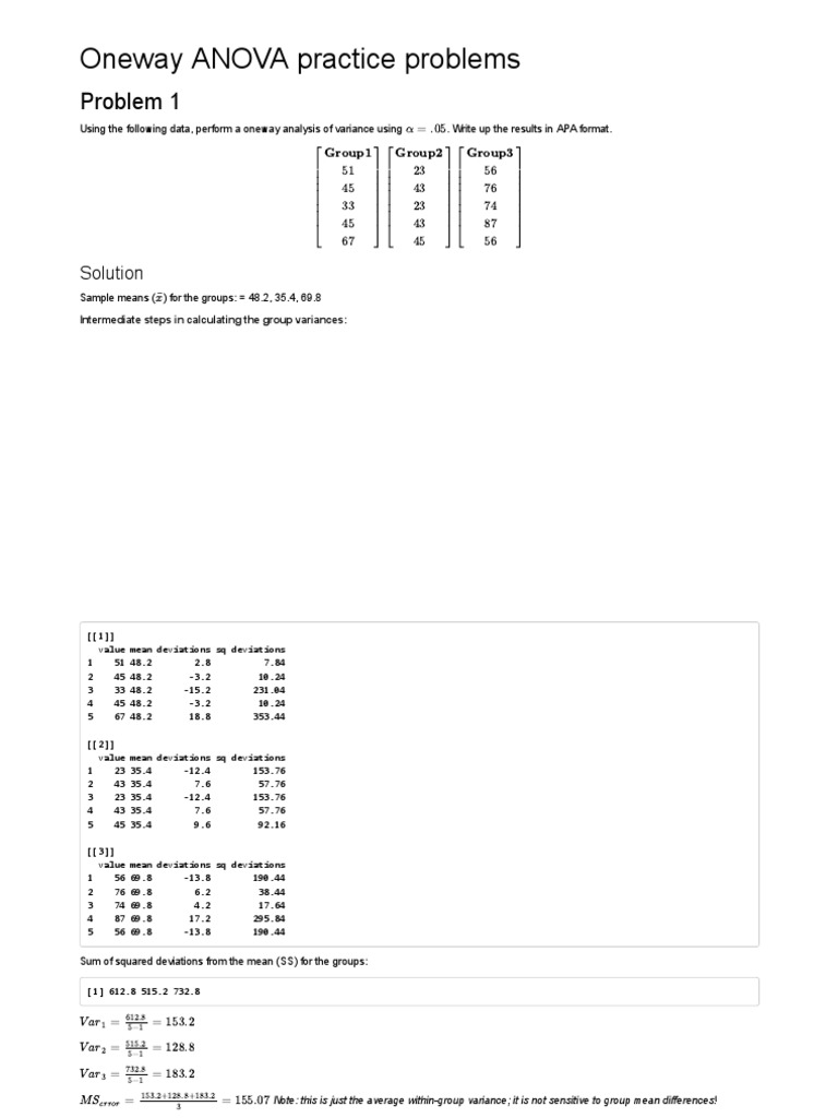 Oneway ANOVA Practice Problems | PDF | Analysis Of Variance | Errors And Residuals