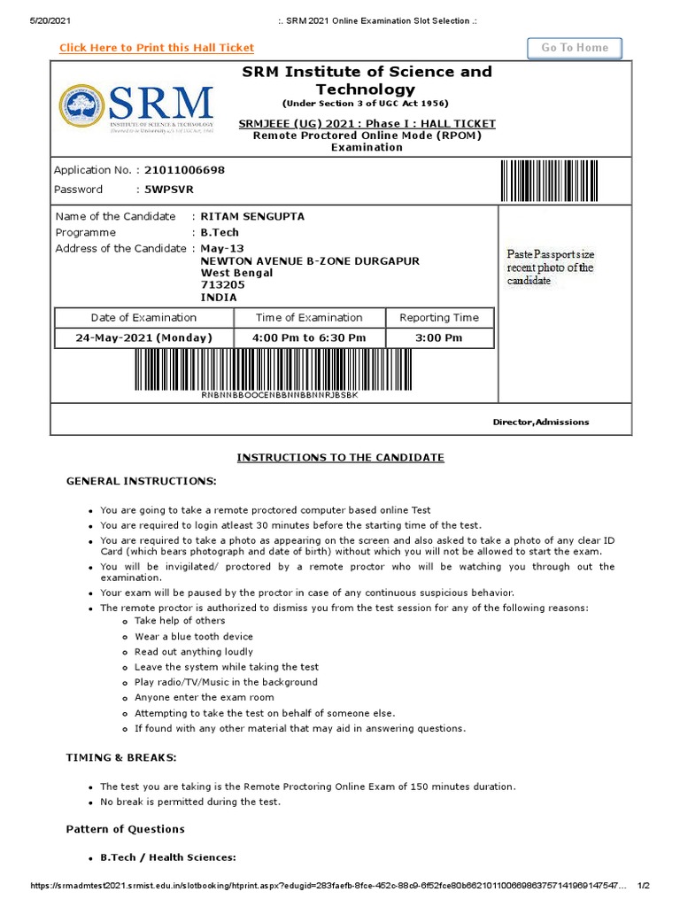 SRM 2021 Online Examination Slot Selection - Ritam | PDF | Test ...