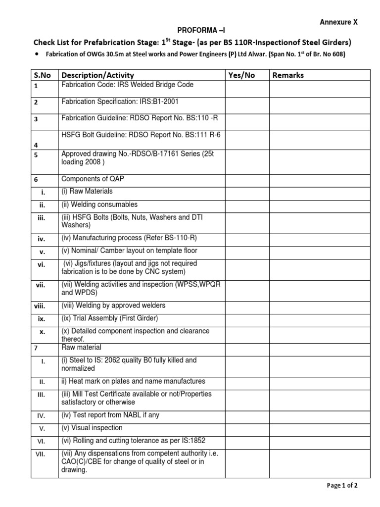 Check List For Prefabrication Stage: 1 Stage - (As Per BS 110R ...
