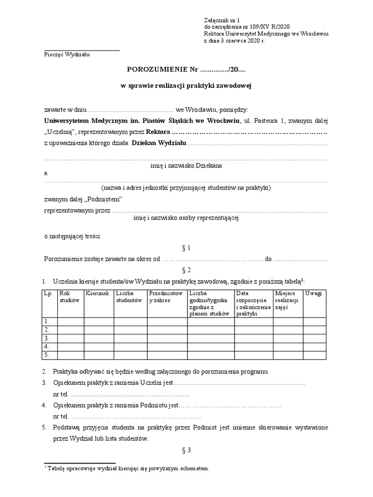 POROZUMIENIE NR ............... /20.... W Sprawie Realizacji Praktyki Zawodowej | PDF