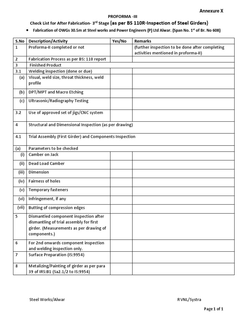 Checklist for Post-Fabrication Inspection of Steel Girders for Bridge ...