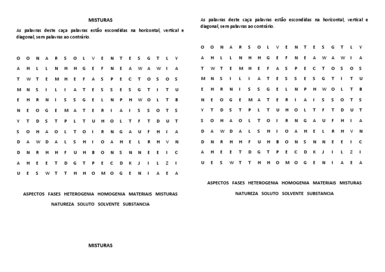 Misturas Homogênias e Heterogênias - Caça Palavra | PDF | Química ...