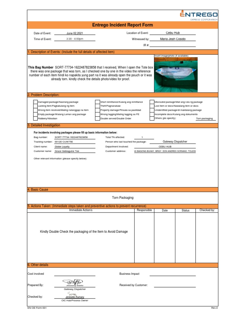 Incident Report Form Detailing a Damaged Package Due to Torn Packaging ...