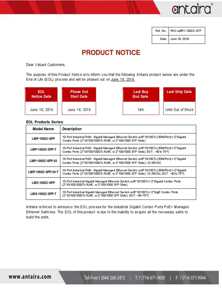 Product Notice: EOL Notice Date Phase Out Start Date End Date Last Ship ...