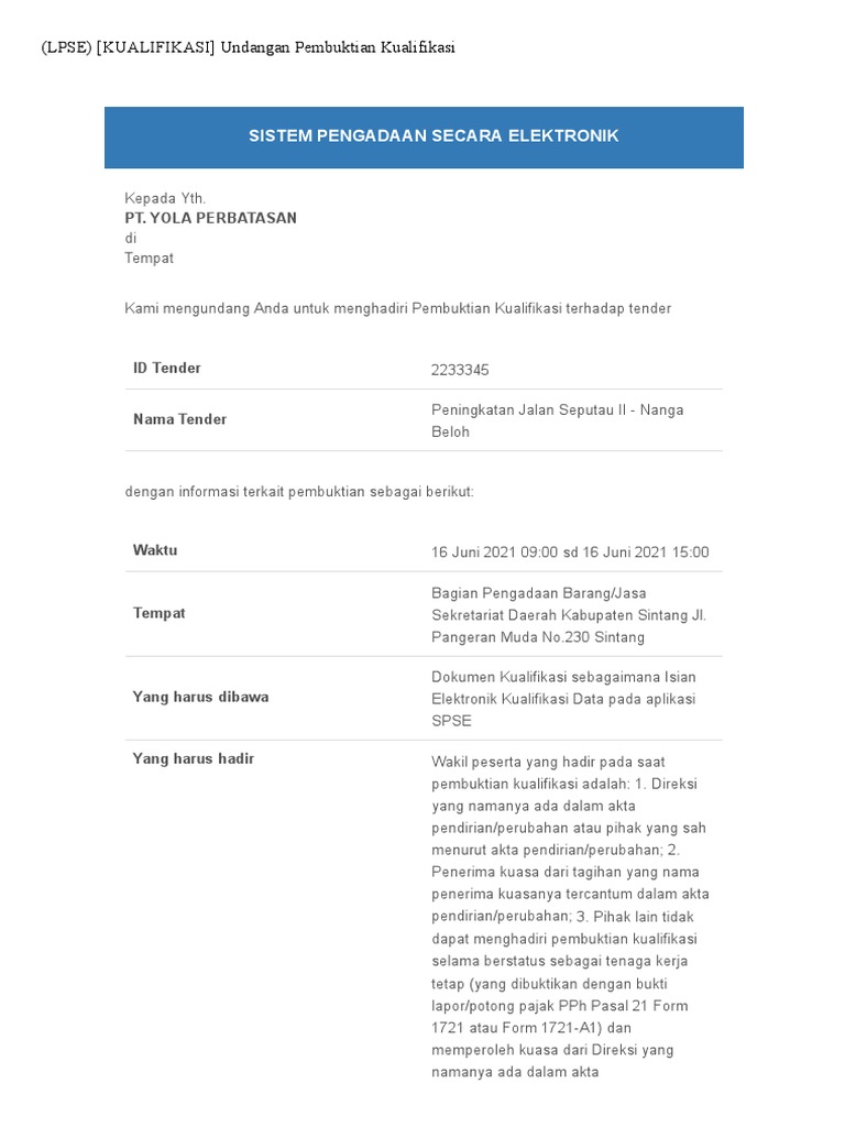 Undangan Pembuktian PT Yola | PDF