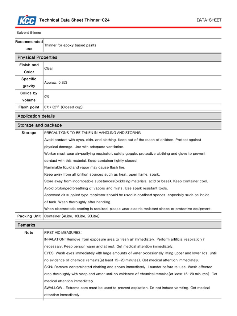 KCC DATASHEET Technical Data Sheet Thinner-024 Eng | PDF | Personal Protective Equipment | Water