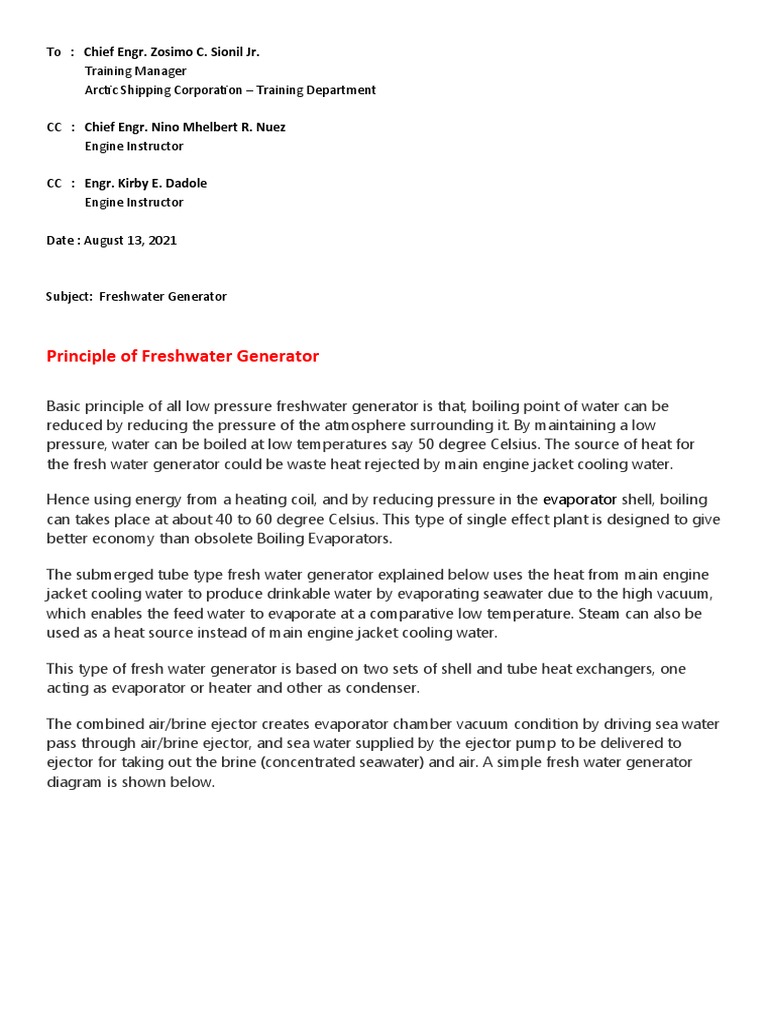 Principle of Freshwater Generator: Evaporator | PDF