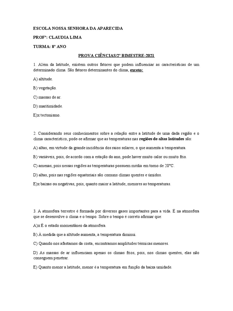 Prova 8º Ano 2º Bim 2021 Clima e Tempo | PDF | Clima | Clima