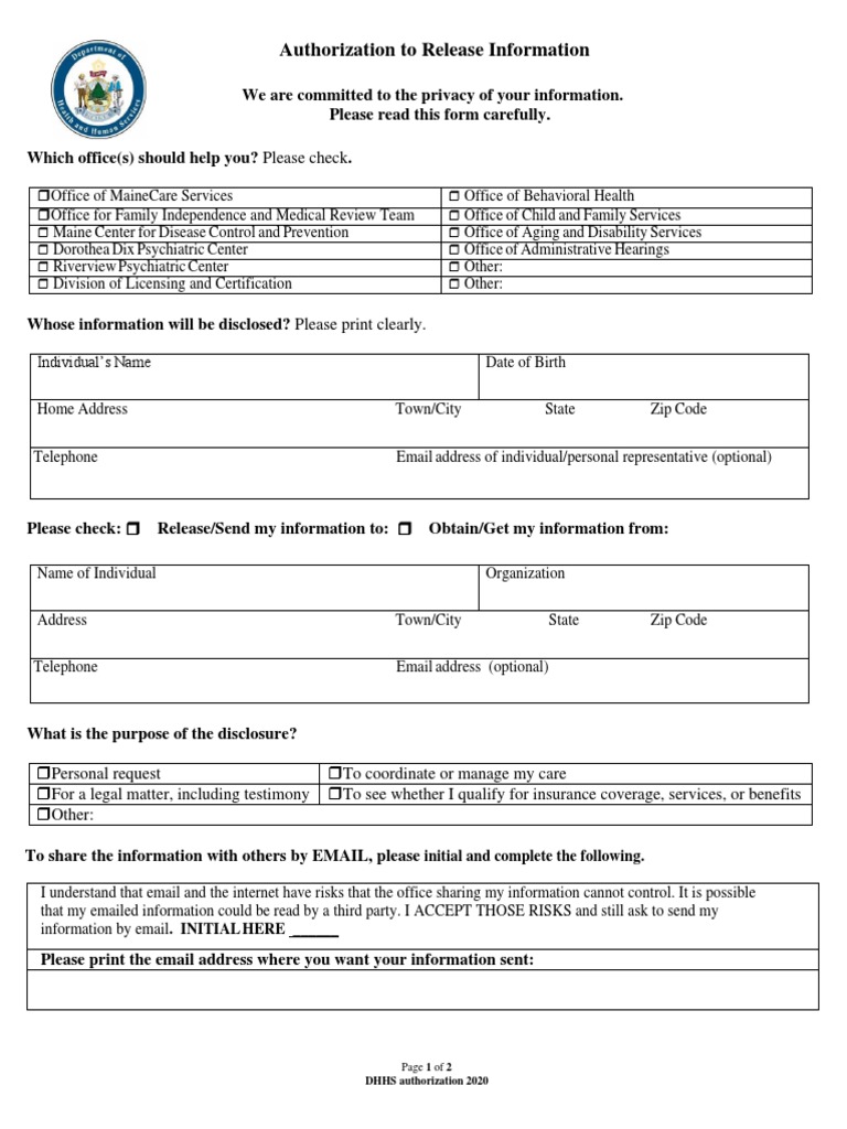 DHHS Information Release Form | PDF | Confidentiality | Mental Health
