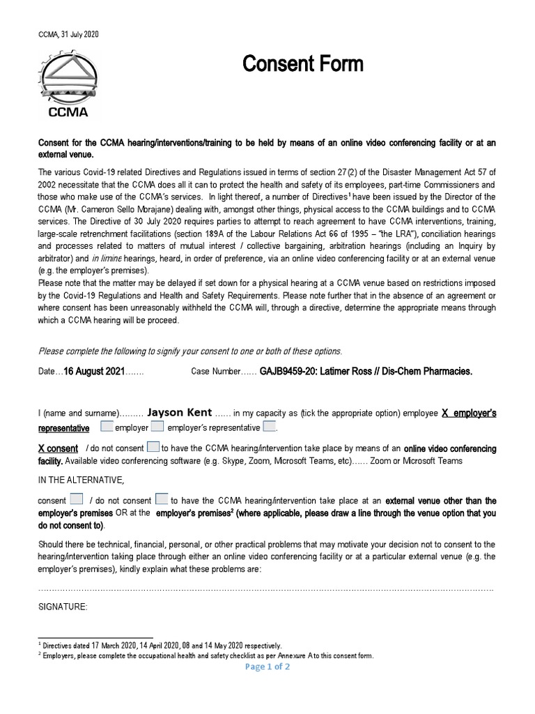 CCMA Consent Form - Blank | PDF | Government | Justice