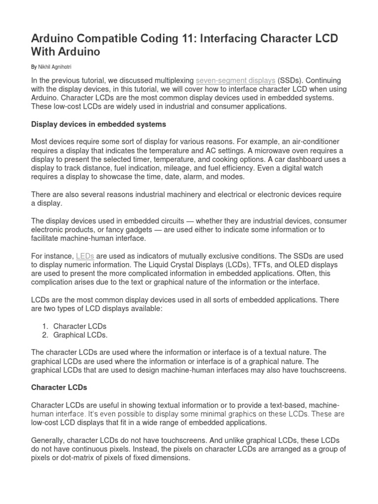 Arduino Compatible Coding 11 Interfacing Character Lcd With Arduino Pdf Backlight Liquid