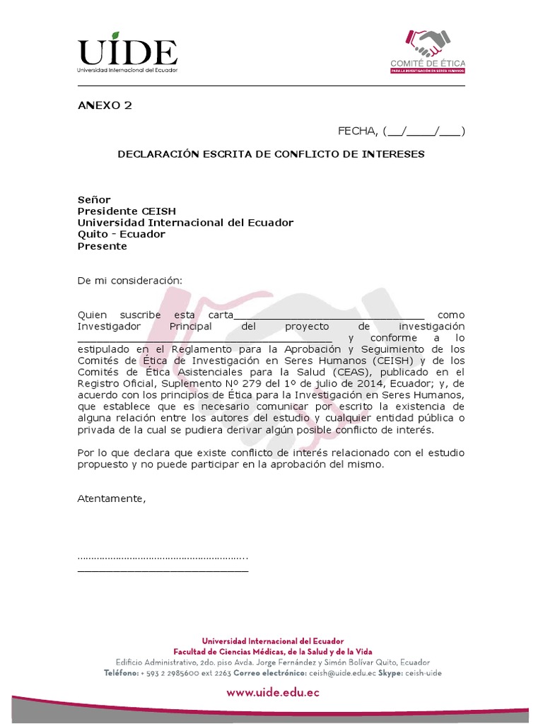 Ceish Uide Anexo 2 Declaracion Escrita de Conflicto de Intereses | PDF