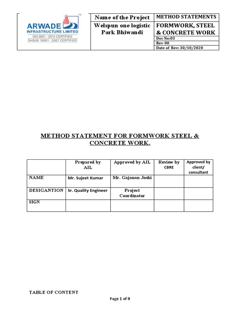 3) Method Statement For Formwork Steel & Concrete Work | PDF | Concrete ...