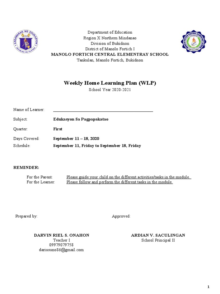 Weekly Home Learning Plan ESP | Download Free PDF | Learning | Behavior ...