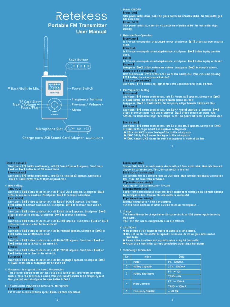 Portable FM Transmitter User Manual: Power Switch | PDF | Microphone ...