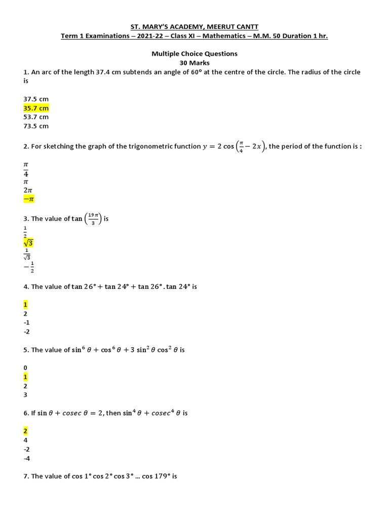 XI-Maths Question Paper | PDF | Trigonometric Functions | Sine