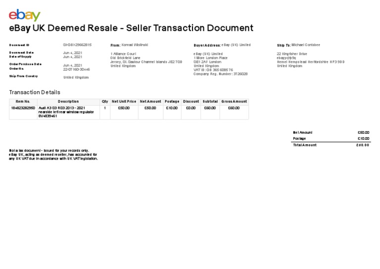 Ebay Uk Deemed Resale - Seller Transaction Document | PDF