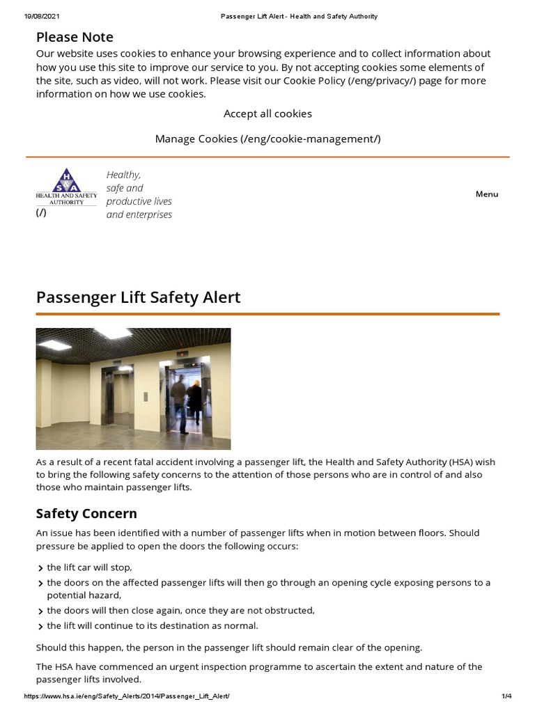 Passenger Lift Alert - Health and Safety Authority | PDF | Elevator ...
